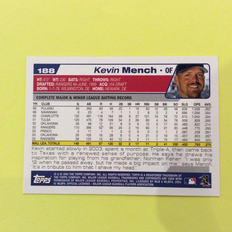 2004 Topps #188 Kevin Mench Texas Rangers | eBay