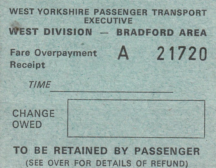 Card Receipt West Yorkshire P.T.E. West Division-Bradford Area. Fare ...