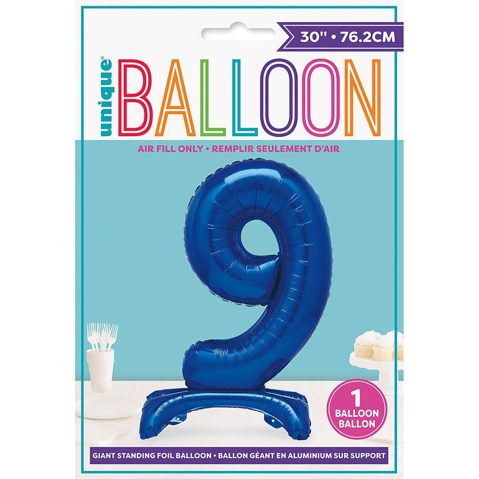 Blue Number 9 Nine Shaped Foil Air Fill Stand Up Balloon 76cm Party ...