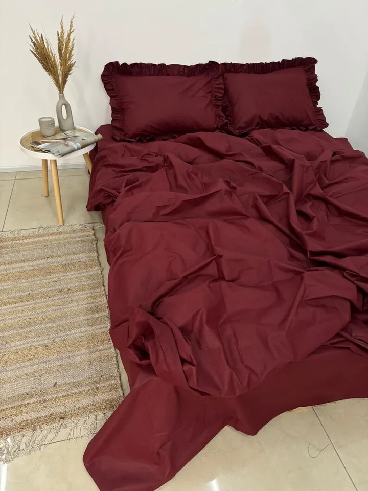 Ruffled dark red color duvet cover, Cotton bedding & Pillowcases ...