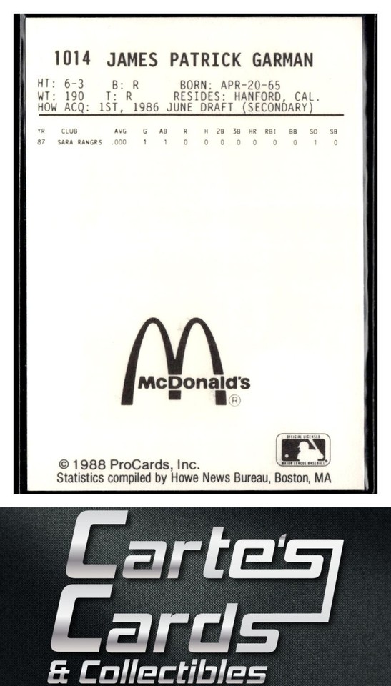Pat Garman 1988 ProCards #1014 Gastonia Rangers | eBay