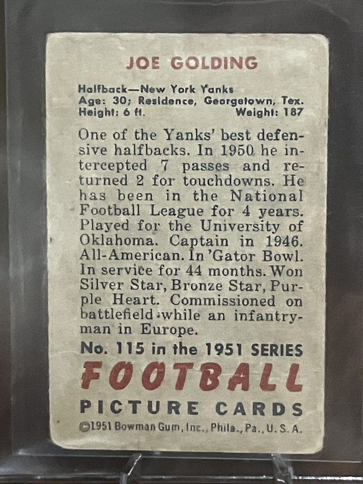 Joe Golding 1951 Bowman Football #115 New York Yanks | eBay