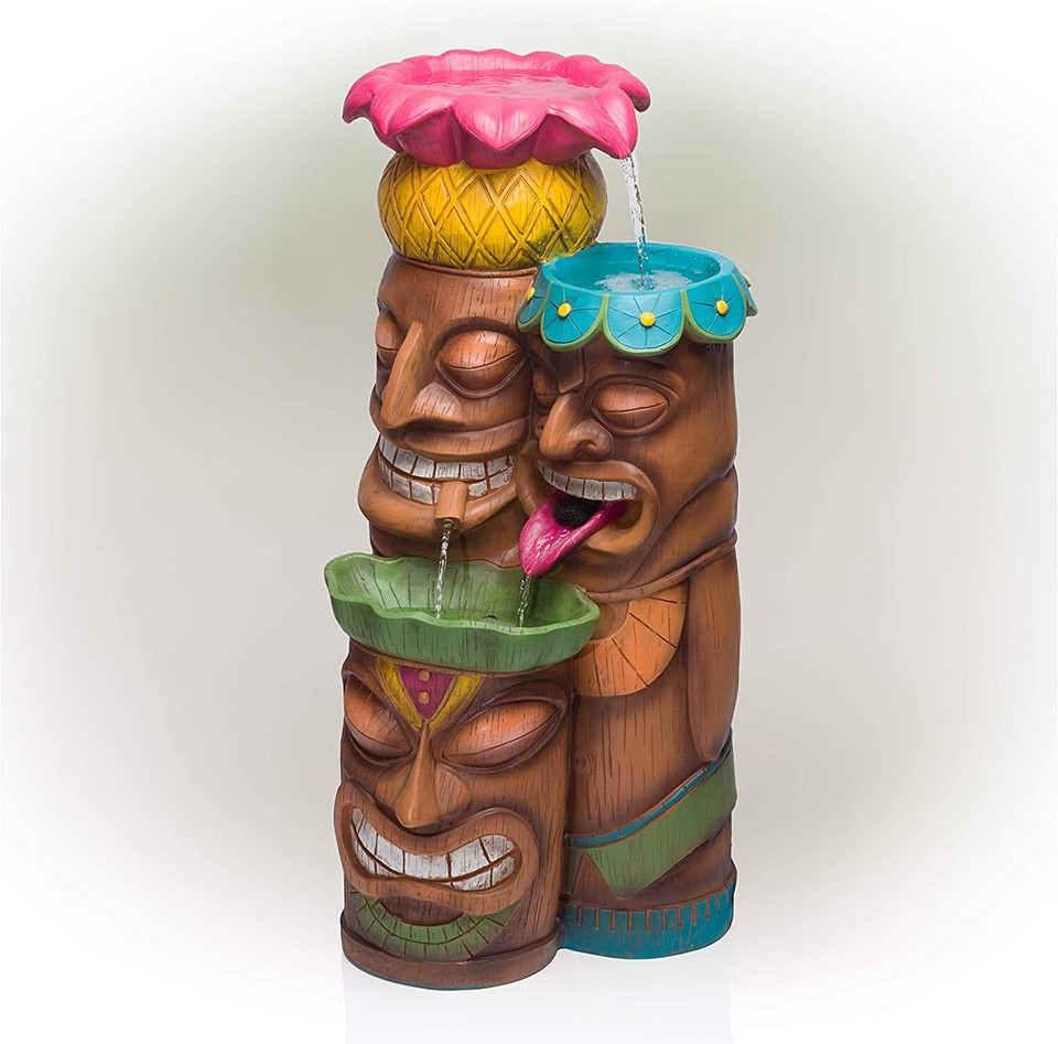 Lighted Outdoor Tiki Water Fountain 3 Tier Patio Bowl Waterfall with ...