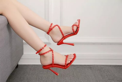 Sandales Femmes Talon Aiguille 11 CM Élégant Rouge Rivets Cuir ...