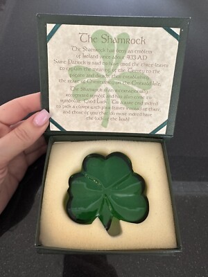 Shamrock Clover Leaf Paperweight 1998 Irish Blessing Green Art Glass ...
