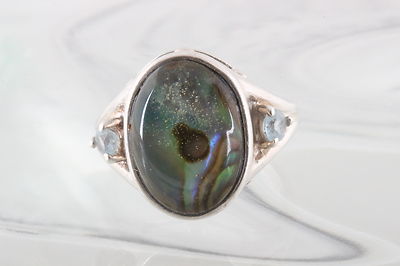 STERLING RJ AVON MOTHER OF PEARL W/ BLUE CABOCHON STONE RING 925 SIGNED ...