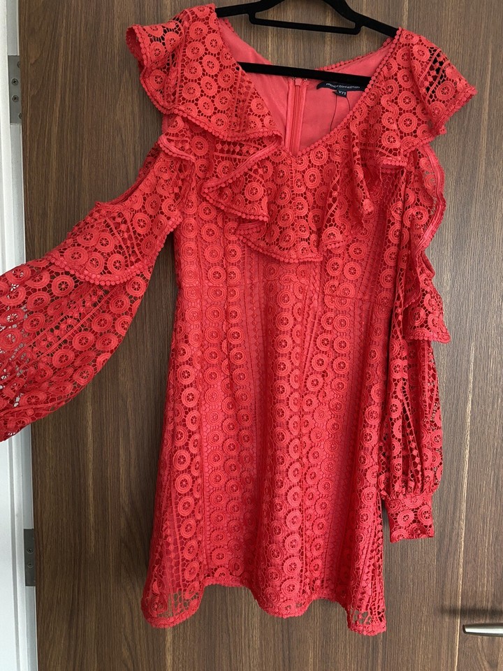 FRENCH CONNECTION Red Crochet Cold Shoulder Short Dress with Ruffles ...