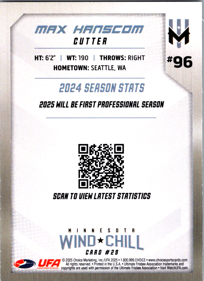 Max Hanscom 2025 Ultimate Frisbee UFA Minnesota Wind Chill #29 009421 ...