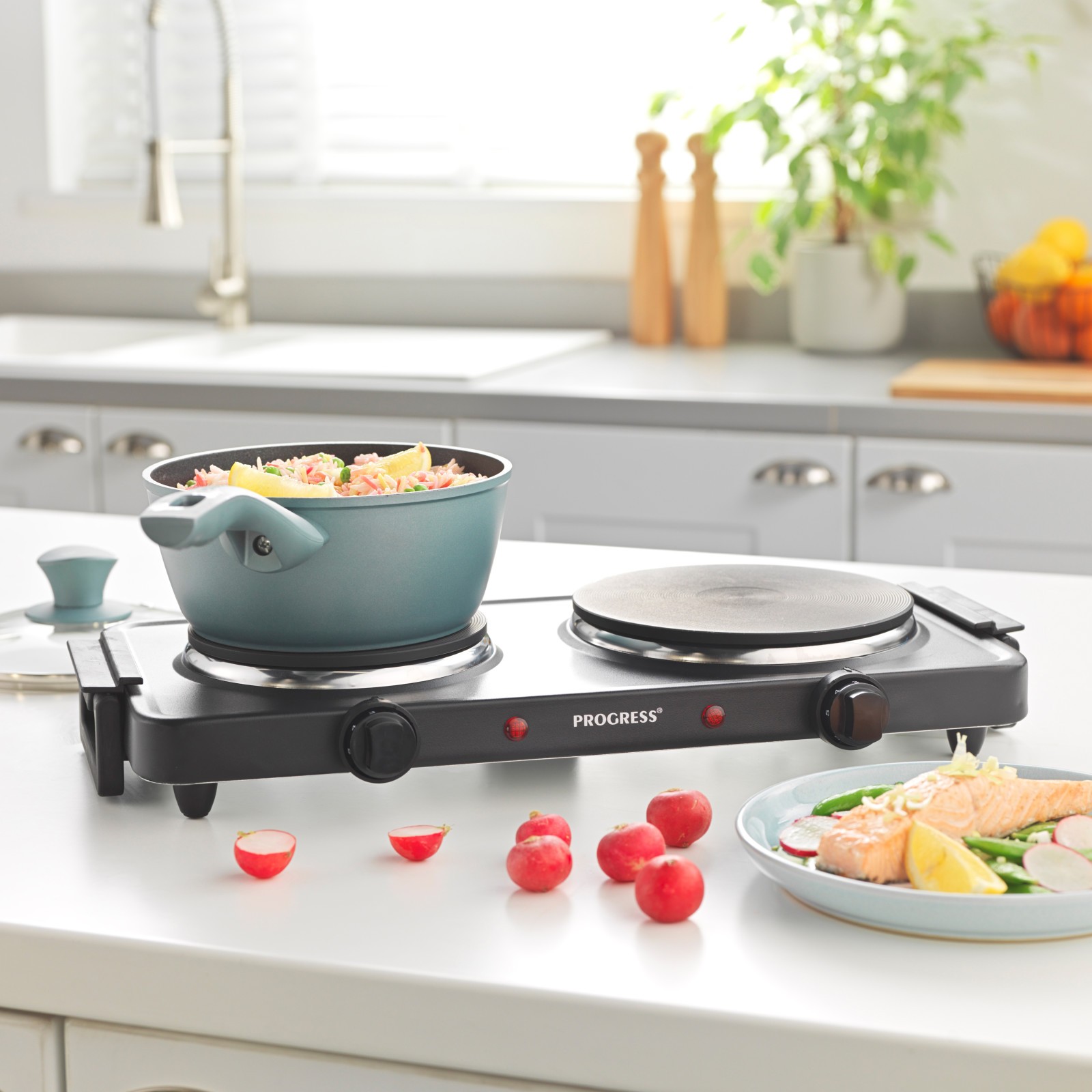 Progress Twin Hot Plate Electric Portable Tabletop Cooker Kitchen Hob ...