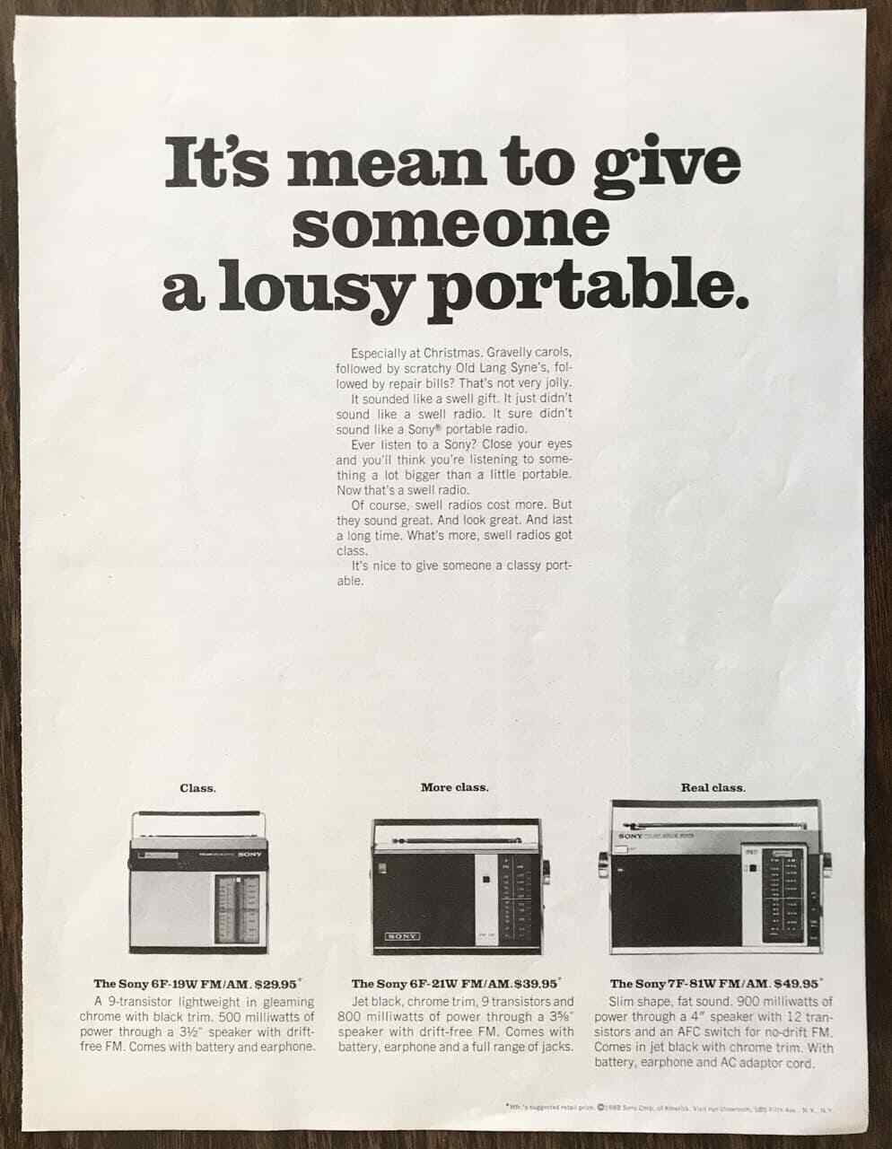 1968 Sony Portable Radios PRINT AD It's Mean to Give Someone a Lousy ...