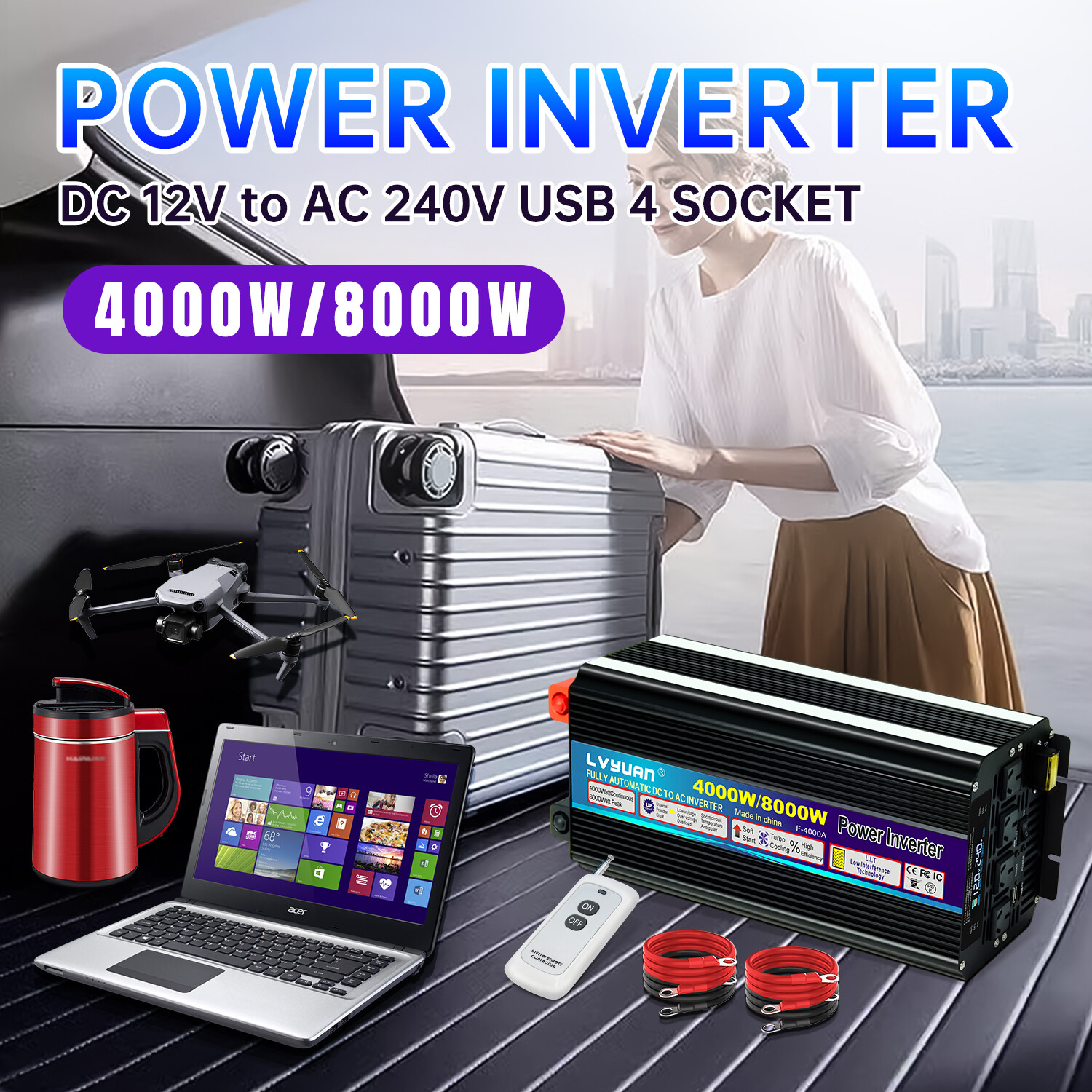 4000W 8000W Power Inverter DC 12V to AC 240V Remote Control RV ...