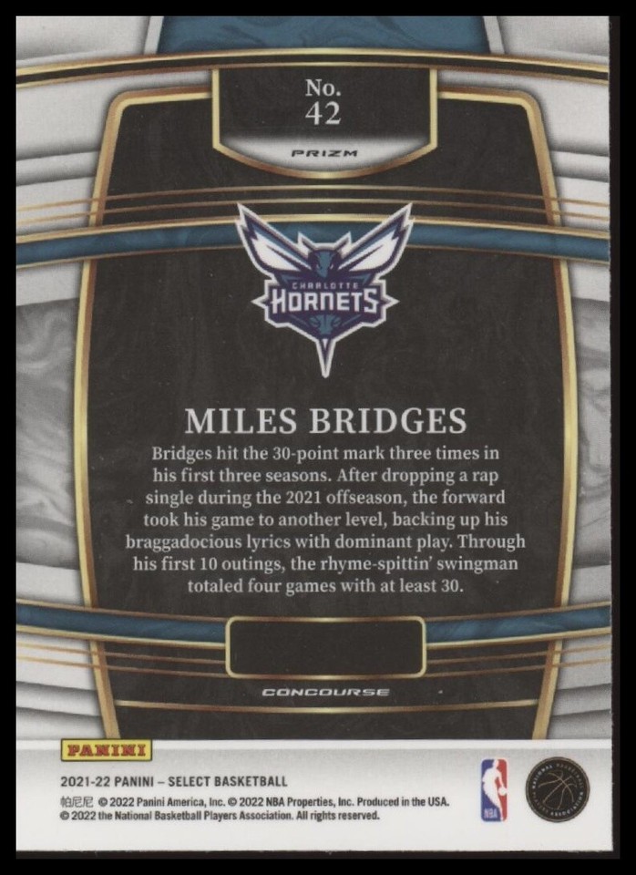 2021-22 Panini Select #42 Miles Bridges Green White Purple Prizms | eBay