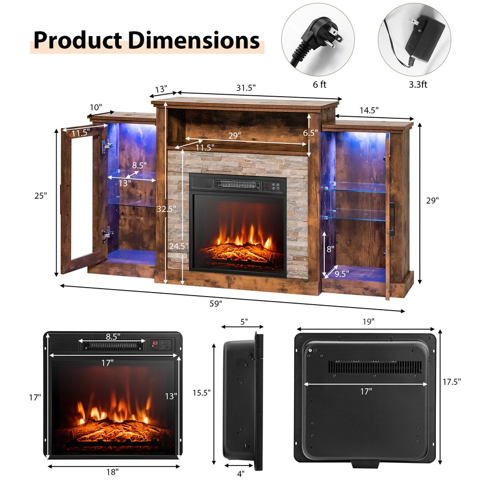 TV Stand and Fireplace Combo w/ 18" Electric Fireplace & LED Lights ...