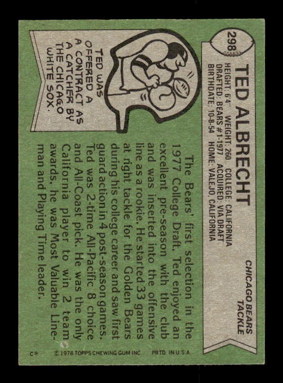 TED ALBRECHT SIGNED 1978 TOPPS FOOTBALL #298 CHICAGO BEARS ON-CARD AUTO ...