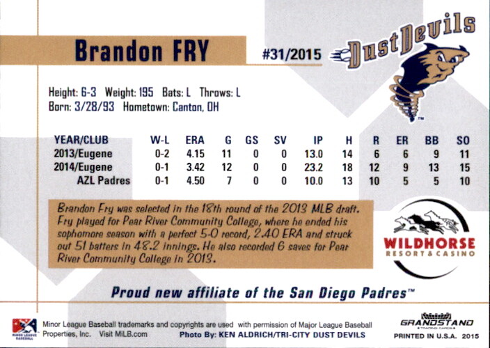 2015 Tri-City Dust Devils Grandstand 12 Brandon Fry Canton Ohio OH ...