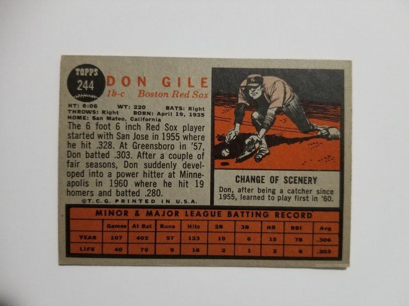 DON GILE 1962 TOPPS BASEBALL CARD #244 BOSTON RED SOX | eBay