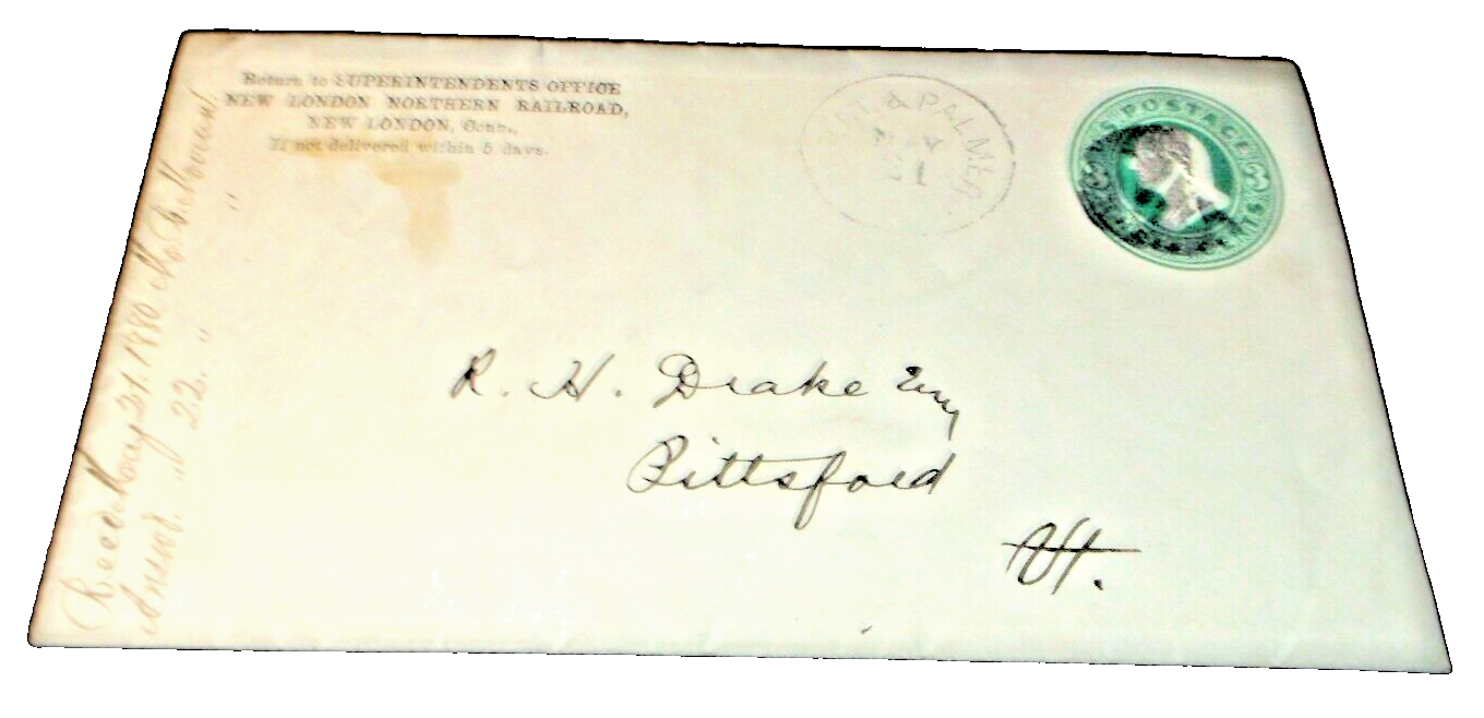 1880 NEW LONDON NORTHERN BRATTLEBORO & PALMER RPO ENVELOPE CENTRAL ...