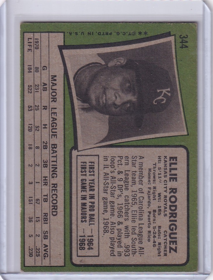 1971 Topps Baseball #344 Ellie Rodriguez - Kansas City Royals | eBay