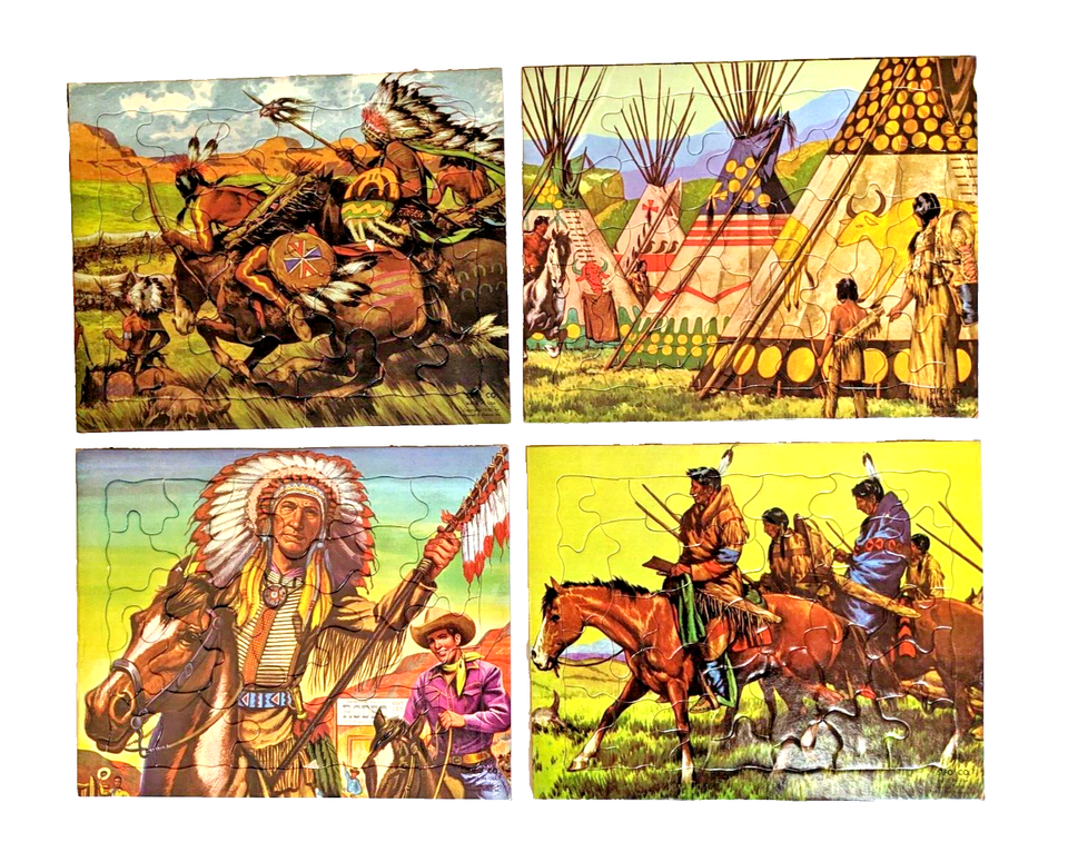 Vintage Cowboy & Indian Western Sifo Tray Puzzle Lot of 4 Native ...