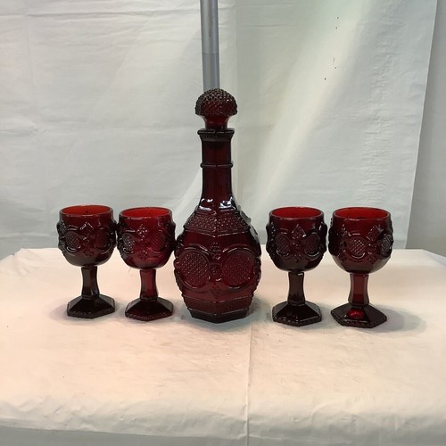 Avon Cape Cod Ruby Red Glass Decanter 4 Wine Cordial Glass Set ...