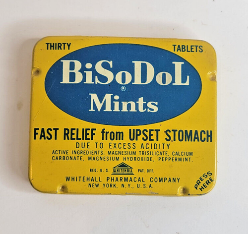 Vintage BiSoDol Antacid Mints Tin Apothecary Whitehall Pharma Upset ...
