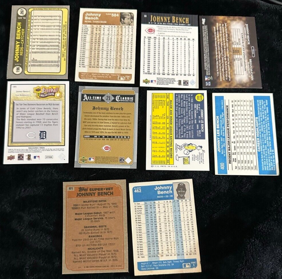 Johnny Bench Assorted Card Lot #8 of 10 (10) MINT Range W/Inserts (HYR ...