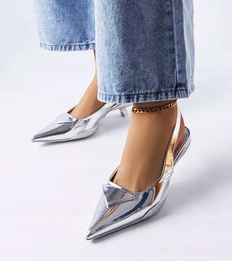 Womens Ladies Pointed Low Heel Silver Shoes | eBay UK