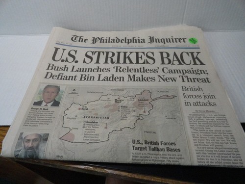 PHILADELPHIA INQUIRER NEWSPAPER MONDAY OCT 8 2001 U.S. STRIKES BACK BIN ...