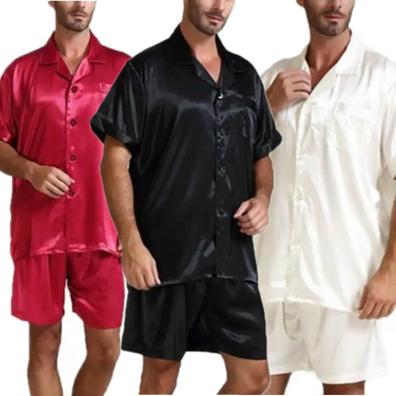 Men's Silk Satin Pyjamas Lounge Pajamas 2Pcs Set Shirts Boxer Shorts ...