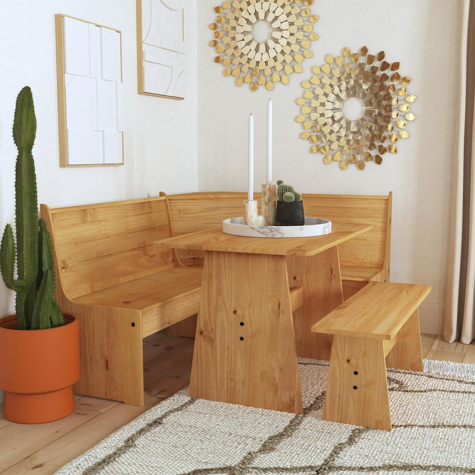 3 pc Pine Wood Breakfast Nook Kitchen Dining Set Corner Booth Bench & Table | eBay