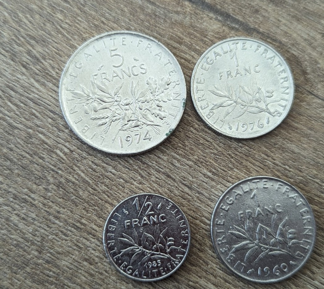 4 x French Franc Silver Coins 5 Francs 1 Franc 1/2 Franc 1960 1974 1976 ...