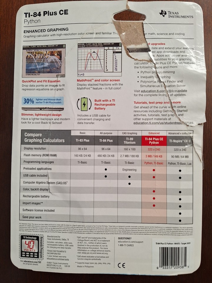 Texas Instruments Ti-84 Plus CE Python Graphing Calculator - White ...