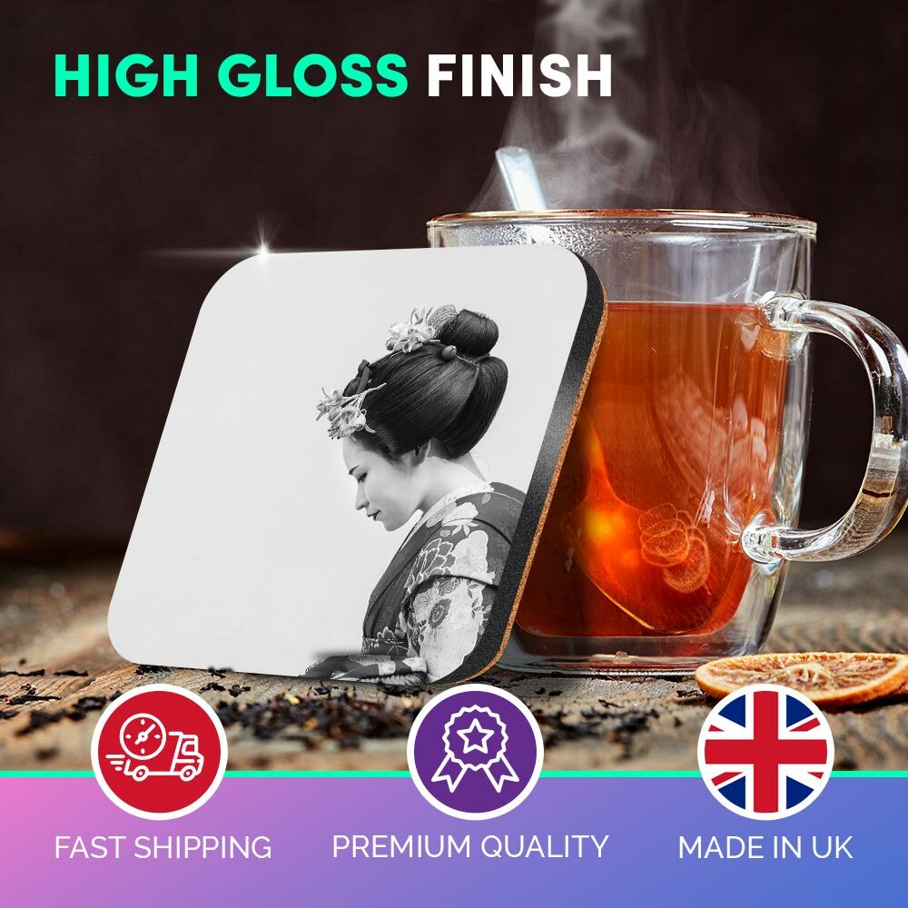 2 x Boxed Square Coasters - BW - Japanese Geisha Girl Flowers Japan ...