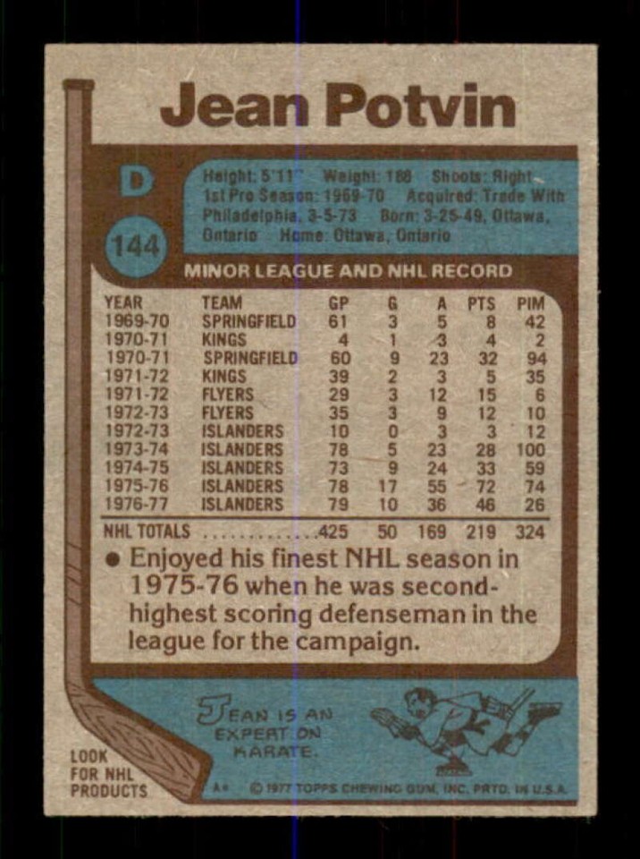 1977-78 Topps #144 Jean Potvin NM/NM+ NY Islanders 541135 | eBay