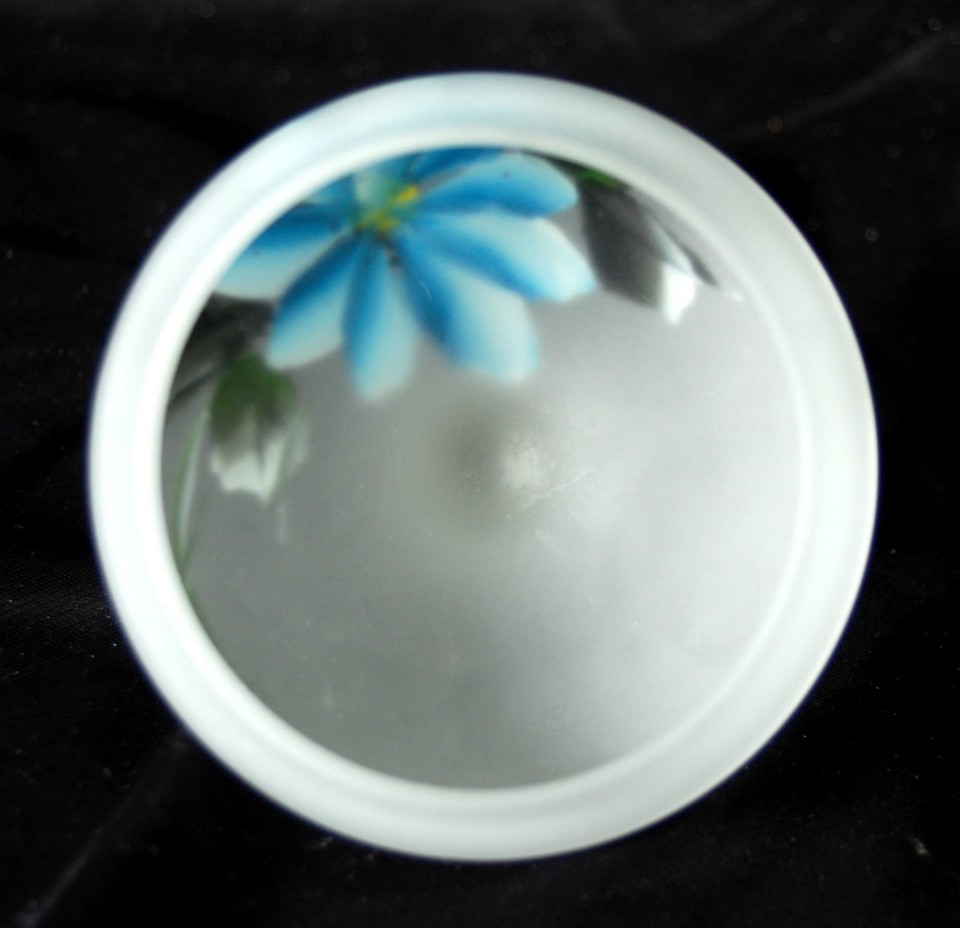 VINTAGE FENTON FROSTED SATIN GLASS HAND PAINTED COVERED DISH / POWDER ...