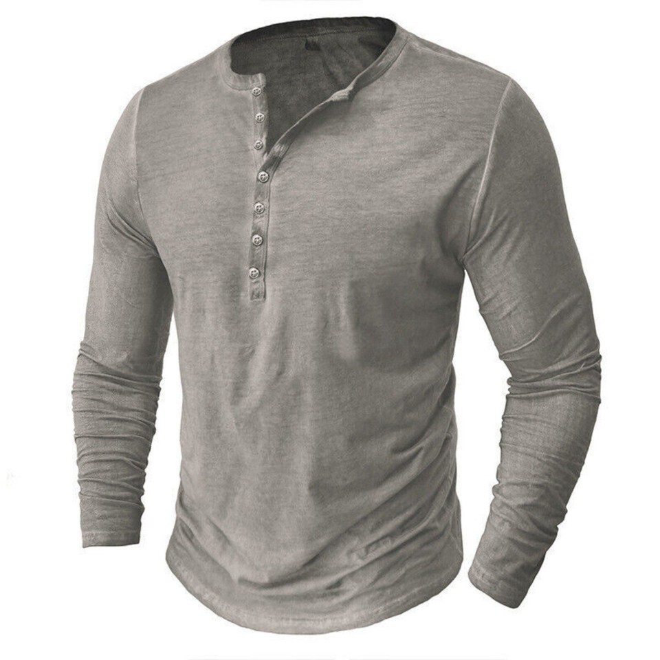 Distressed Men's Henley Shirt Retro Long Sleeve T-shirt Button Wash V ...