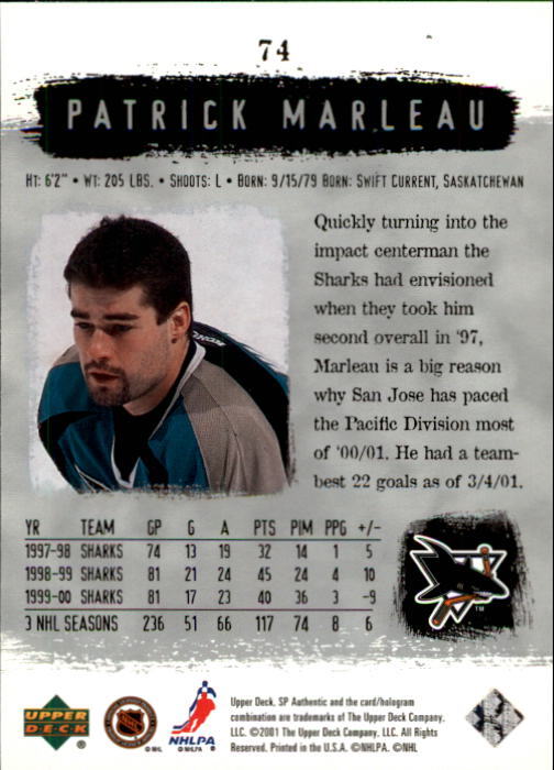 2000-01 SP Authentic Sharks Hockey Card #74 Patrick Marleau | eBay