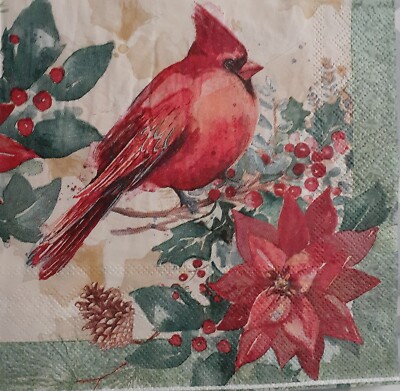 2 individual Paper Decoupage NAPKINS - CARDINAL BIRDS POINTSETTIA ...