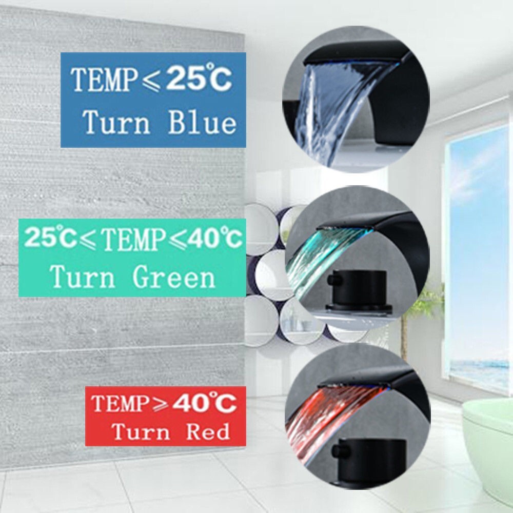 Black 8 In Widespread LED Bathroom Basin Faucet Waterfall Vanity Sink ...