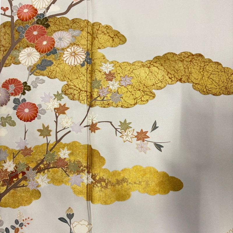 Japanese Silk Houmongi Kimono M 167cm Grayish white Cloud pattern Chrysanthemum | eBay