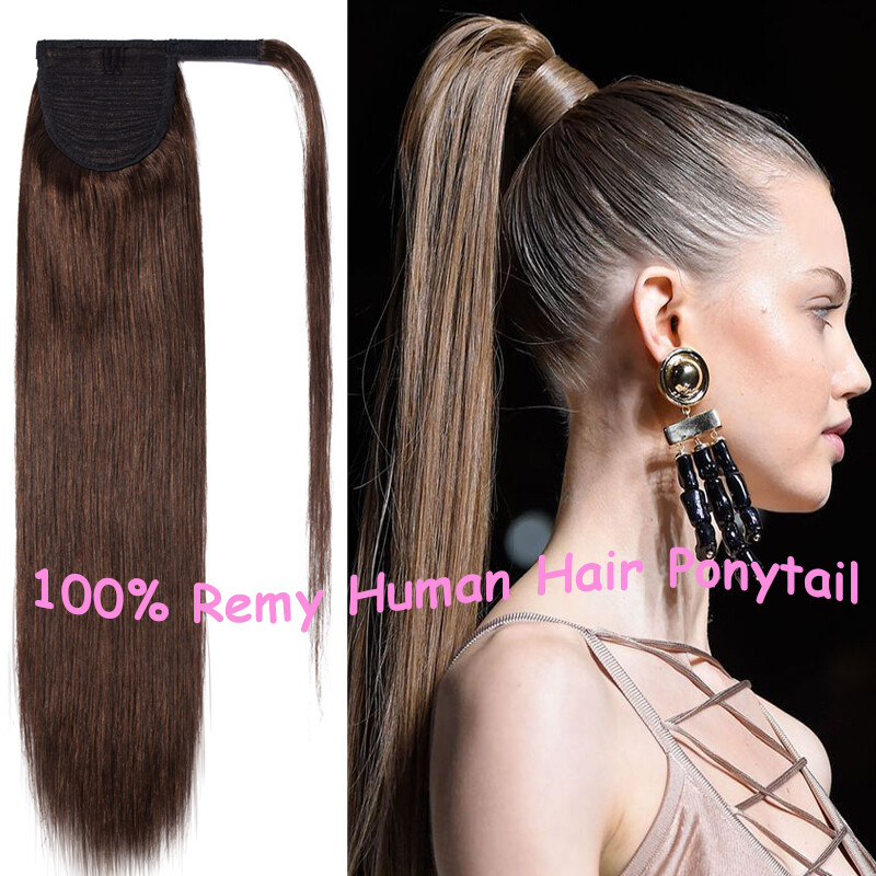 100% Real Remy Human Hair Ponytail Extensions Wrap Around Clip in ...