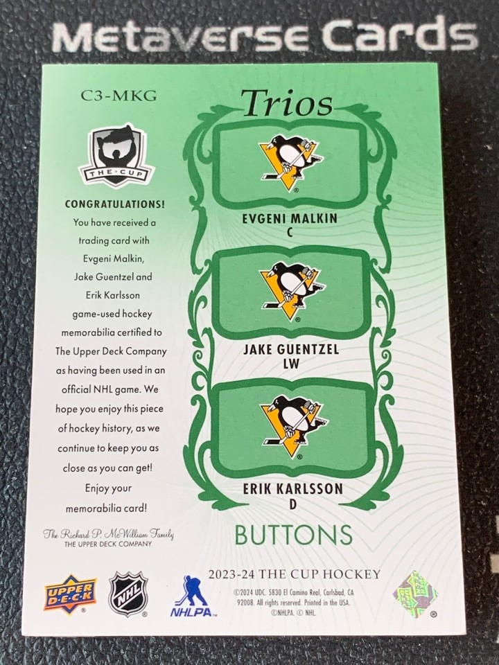 2023-24 The Cup Hockey Trios Buttons Malkin Jake Guentzel Erik Karlsson ...