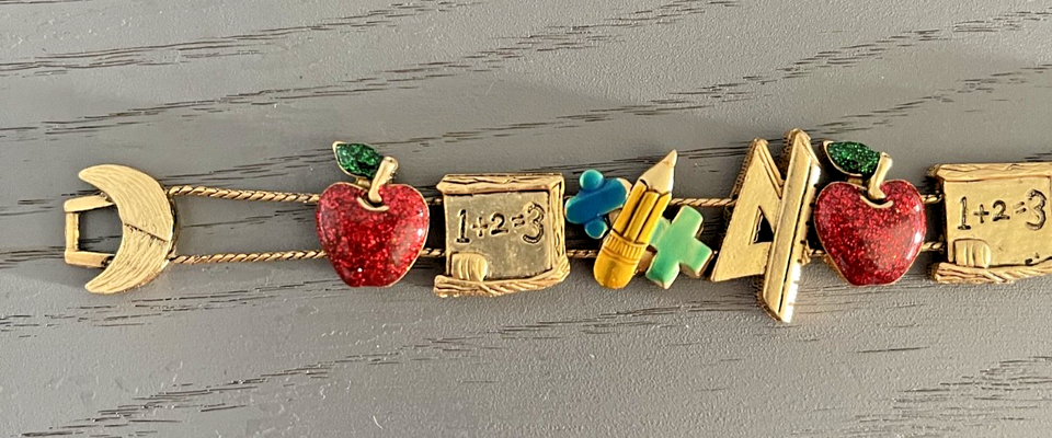 Gold-Tone Teacher Slide Bracelet Red Glitter Apple Pencil Ruler Math ...