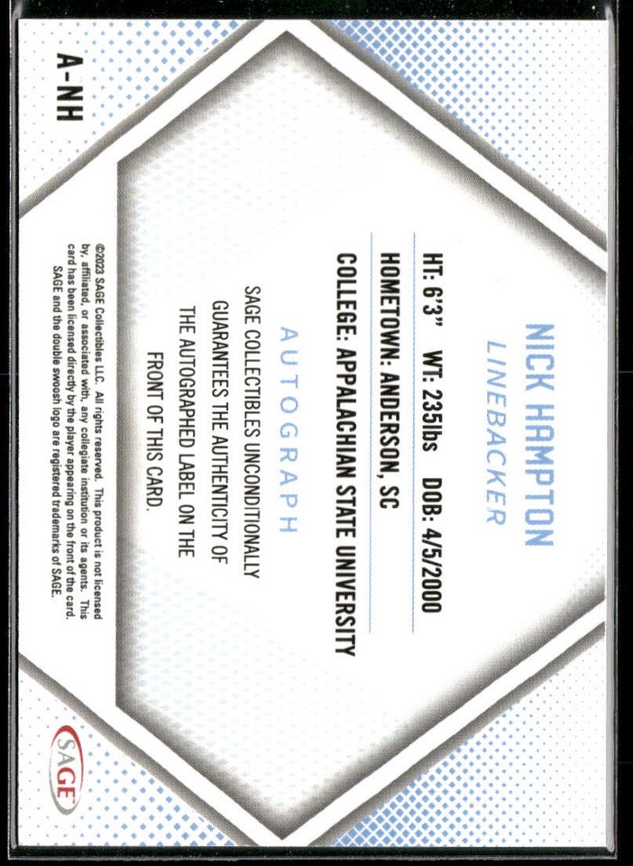 2023 Sage #A-NH Nick Hampton Rookie Red Auto | eBay