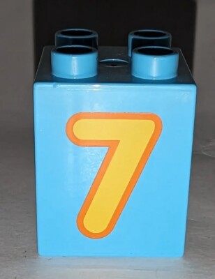 LEGO DUPLO 2X2X2 MEDIUM AZURE BLUE WITH YELLOW NUMBER # 7 SEVEN PATTERN ...