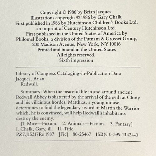 Redwall - Brian Jacques (1st US edition 6th print Hardcover) Philomel ...