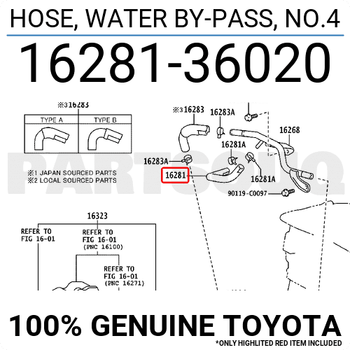 1628136020 Genuine Toyota HOSE, WATER BY-PASS, NO.4 16281-36020 | eBay
