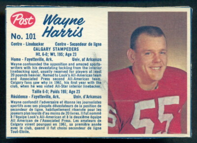 1962 POST CFL FOOTBALL #101 WAYNE HARRIS RC EX+ CALGARY STAMPEDERS U OF ...