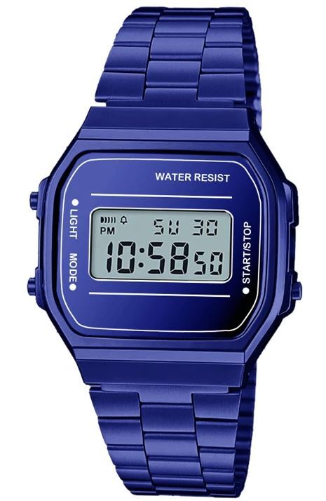 RETRO Blue Sports Metal Band Digital Watch Blue Case LCD Display Alarm ...