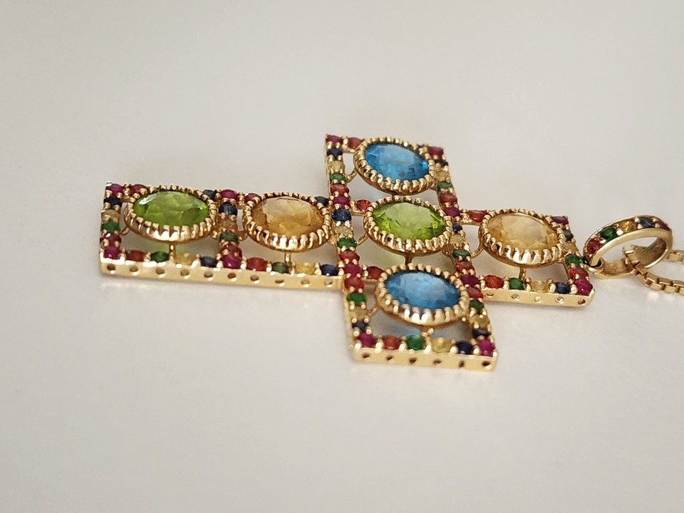 14K Solid Gold Multi-Colored Gemstone Cross Pendant Necklace-12.59 ...